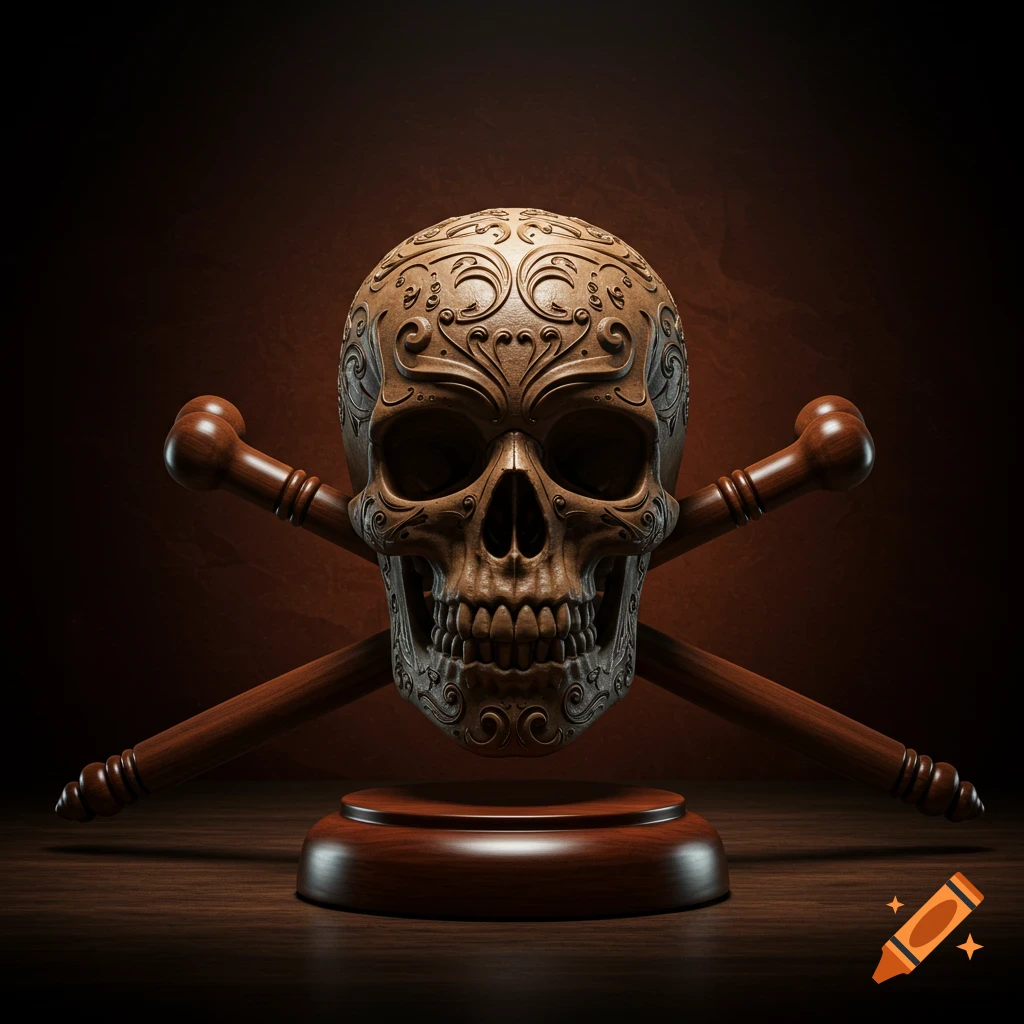 A detailed wooden skull with ornate carvings, placed on a dark wooden ...