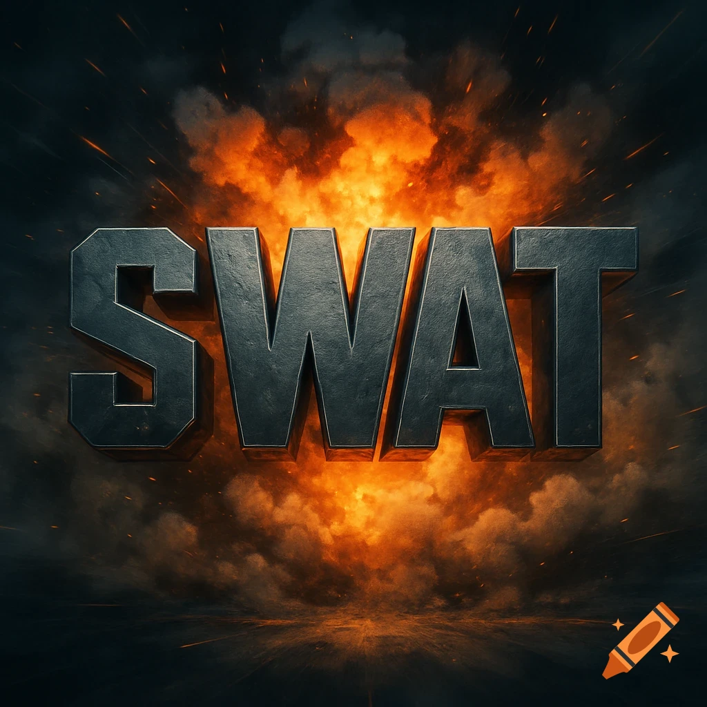 Metallic 3D text 'SWAT' against a background of an orange explosion and ...