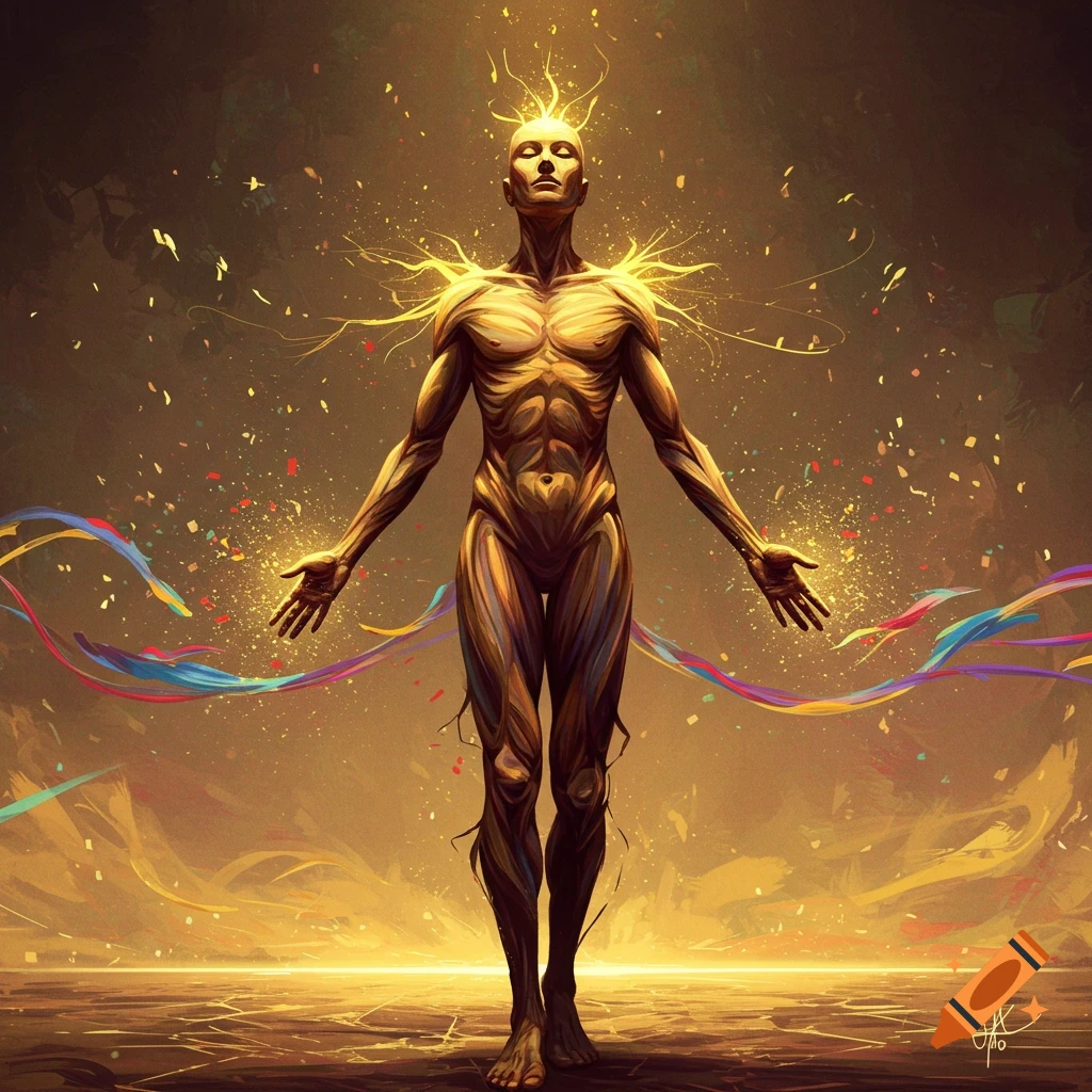 Ethereal golden figure radiating light and energy, with outstretched ...