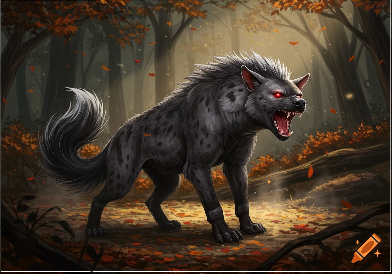 An anime-style black fox-like creature with glowing red eyes and a long ...
