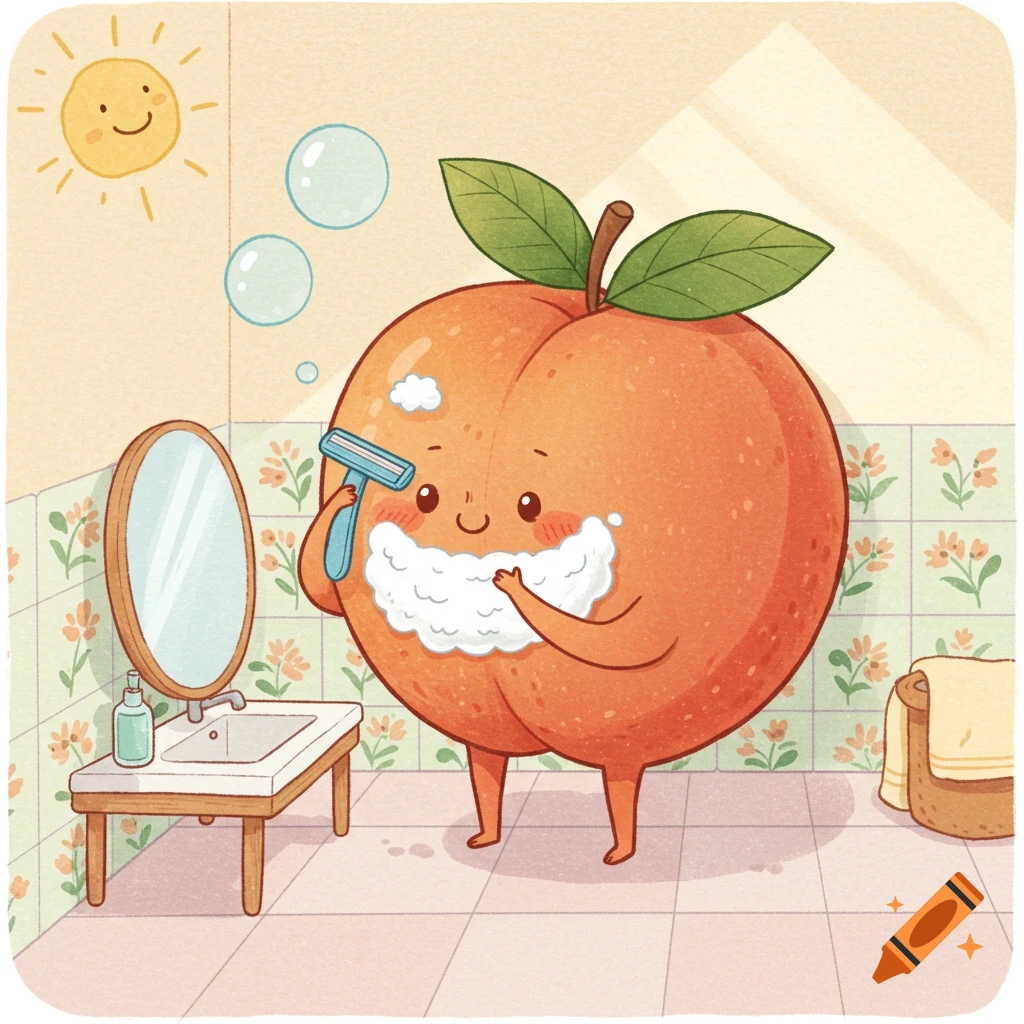 A whimsical cartoon illustration of a happy peach character shaving its ...