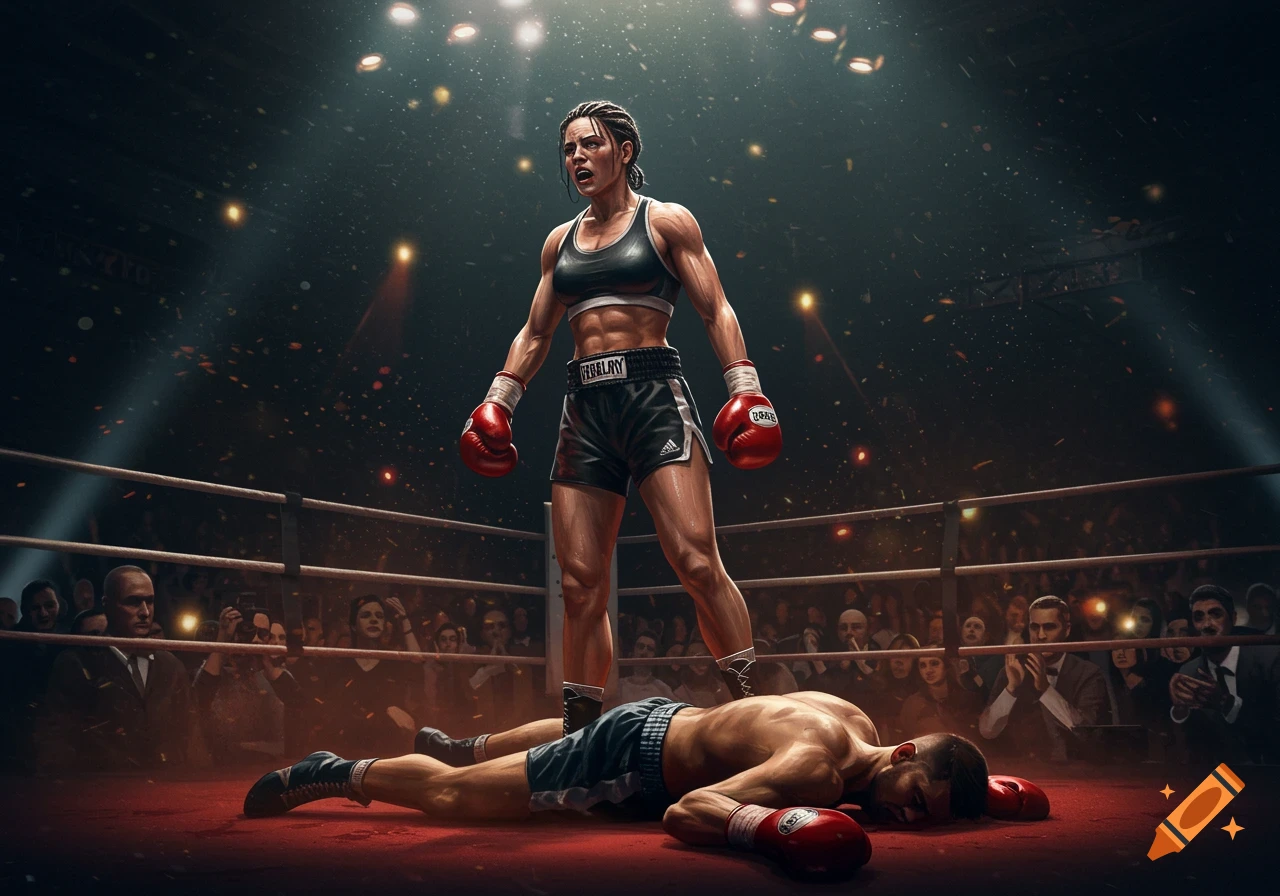 A photorealistic image of two muscular boxers facing off in a brightly ...