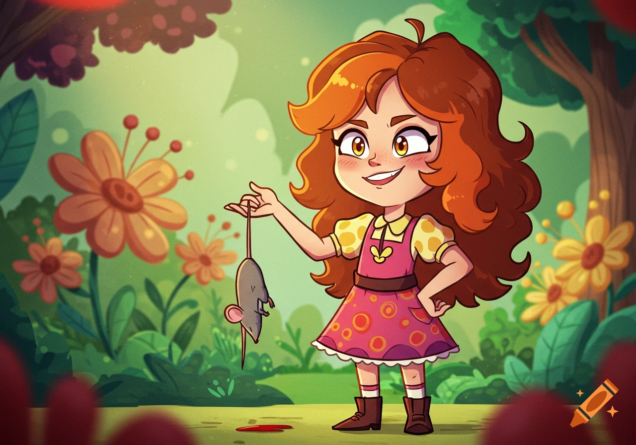 A smiling cartoon girl with orange hair holds a dead mouse by its tail ...
