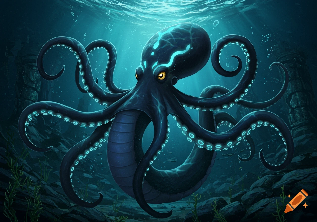 A massive green Kraken emerges from the ocean, spraying water from a pressure washer amidst ...