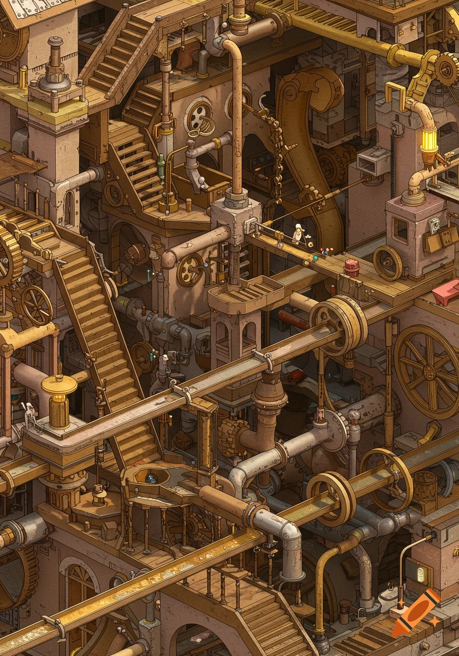 A highly detailed, intricate isometric illustration of a complex Rube ...