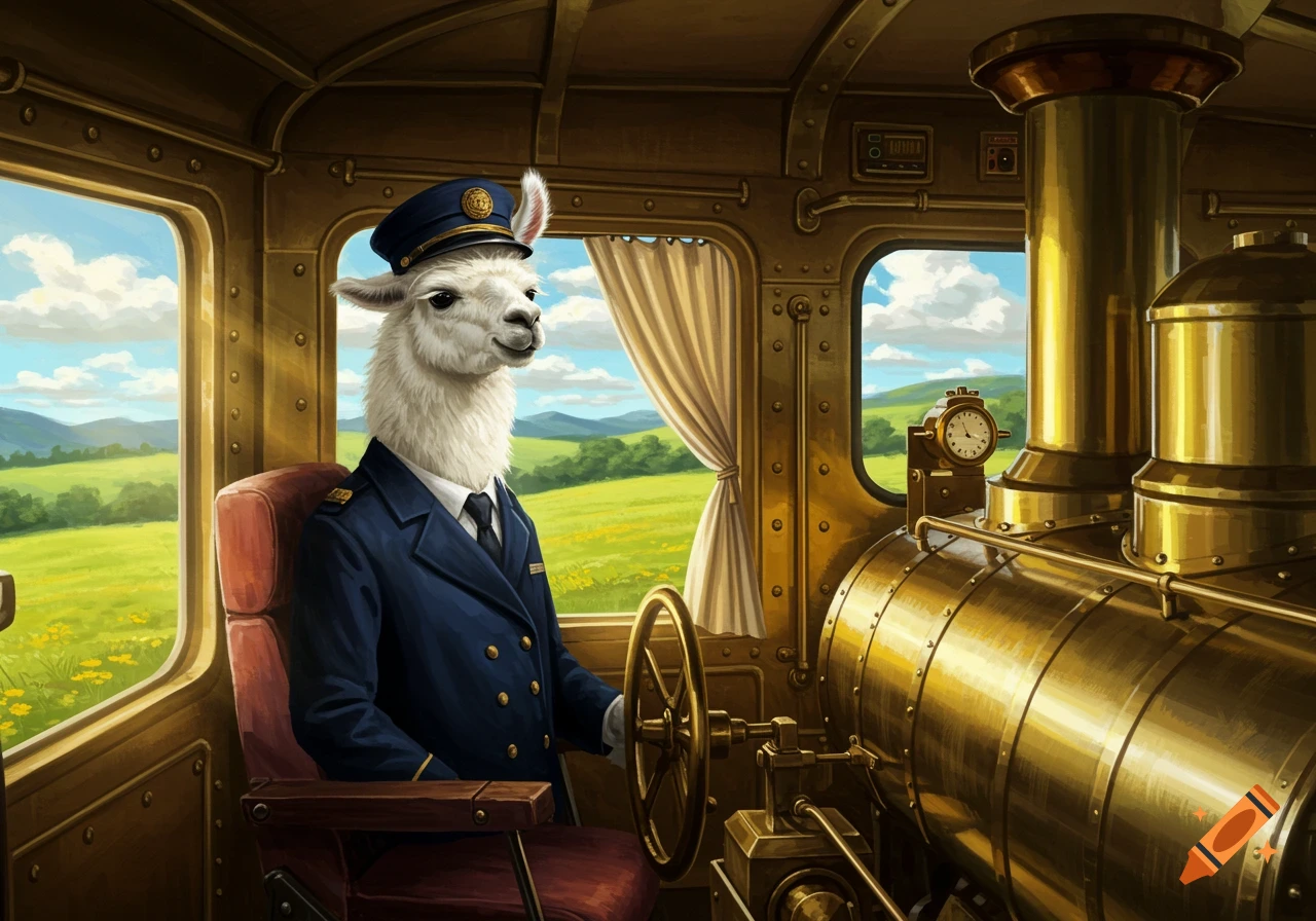 A white llama wearing a train conductor's uniform drives a golden ...