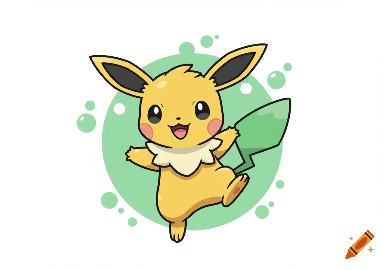 A bright yellow cartoon Pikachu with red cheeks, black-tipped ears, and ...