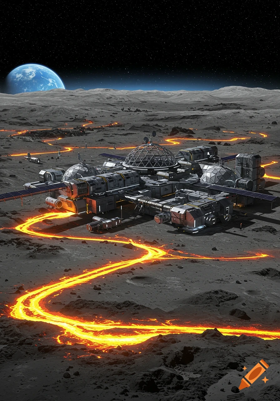 A futuristic moon base with a geodesic dome, surrounded by glowing ...