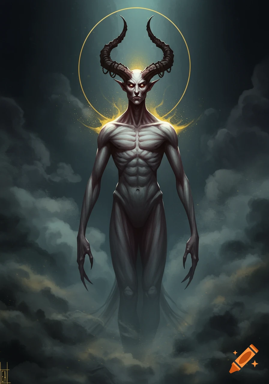 A monstrous green goblin-like creature with glowing red eyes and tribal ...