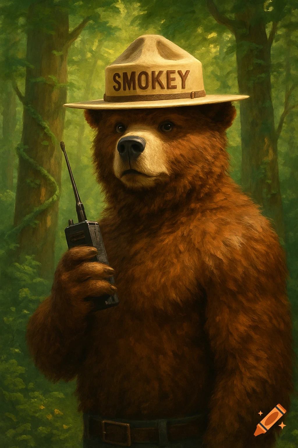 Smokey the Bear in a ranger hat with "SMOKEY" on it, holding a two-way ...