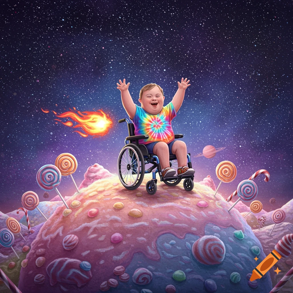 A bald Black child in a wheelchair floats above an erupting volcano ...