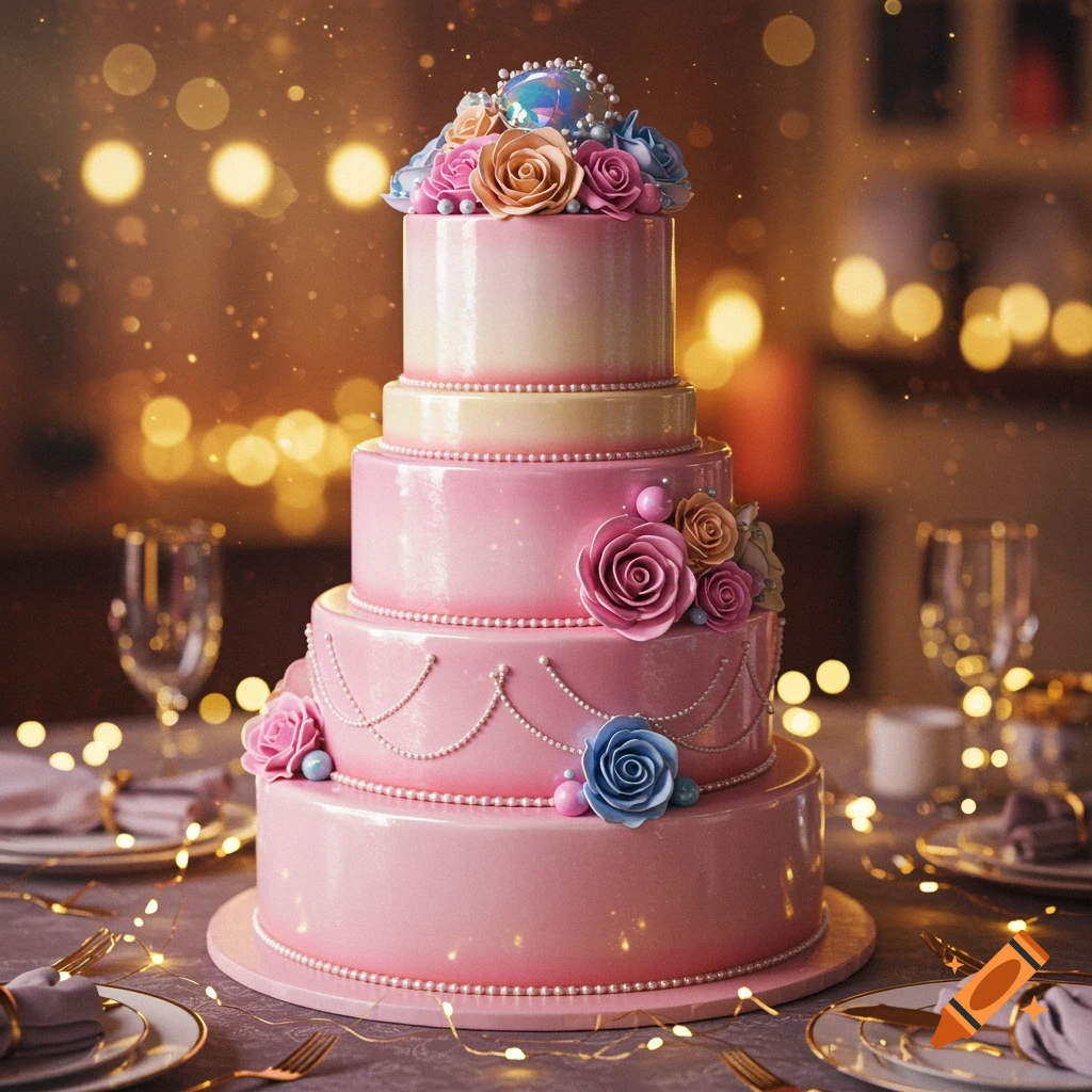 A light blue three-tier cake with gold accents, white lilies, a gold ...