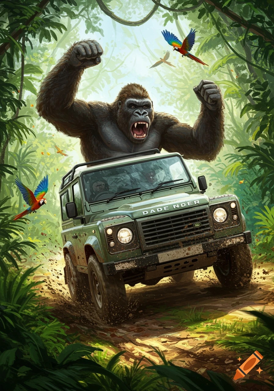 A giant gorilla, King Kong, with arms raised in triumph, rides atop a ...