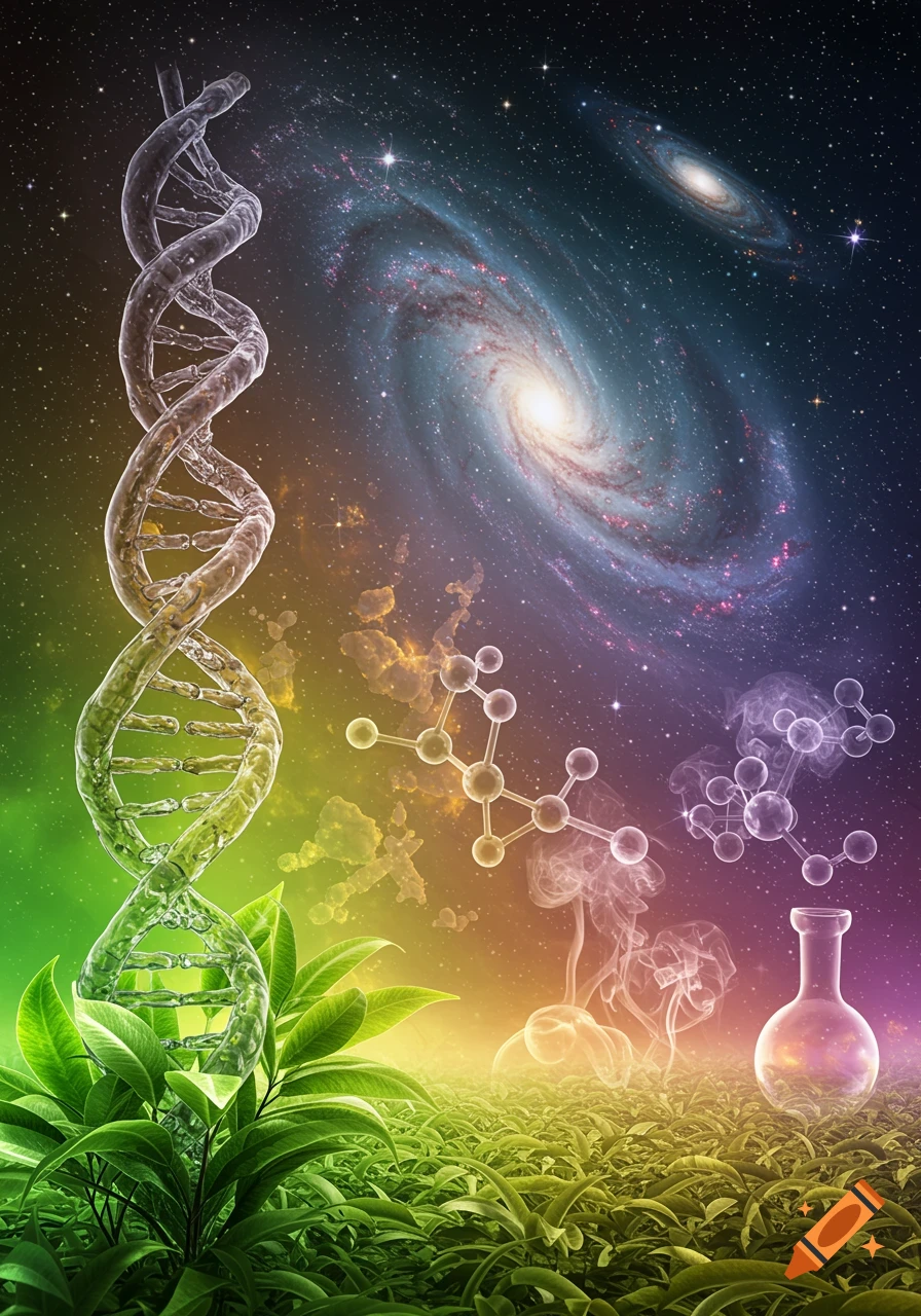 Watercolor illustration of a blue-green DNA double helix above three ...