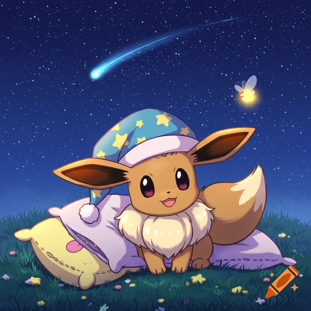 A cute Eevee sits on soft watercolor clouds under a starry night sky ...