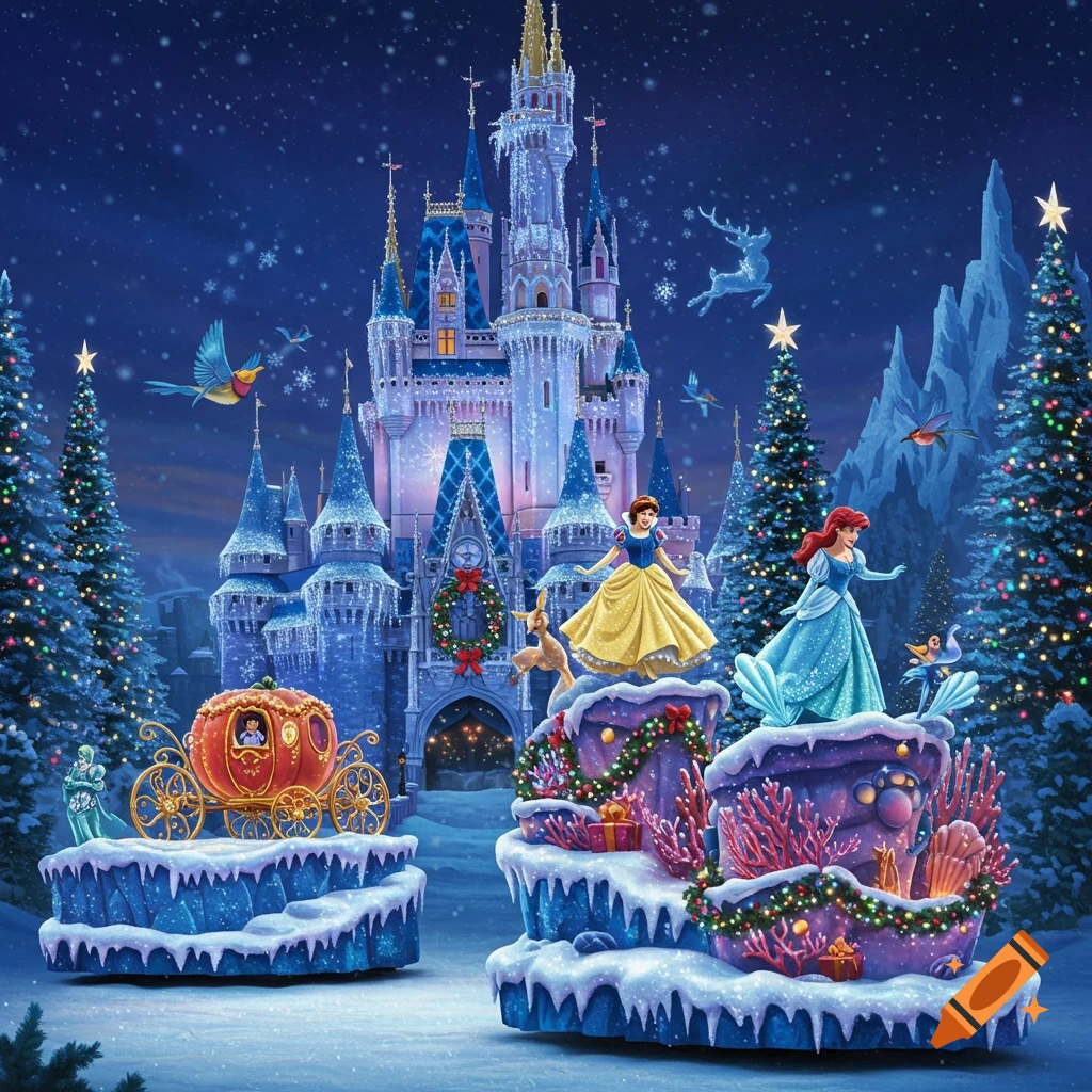 Snow White and Ariel on Christmas parade floats in front of a snow ...