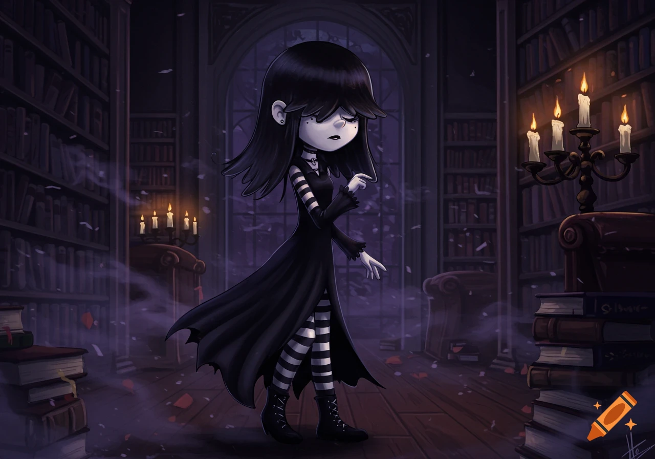 Stylized cartoon of a gothic girl with red eyes standing in a foggy ...