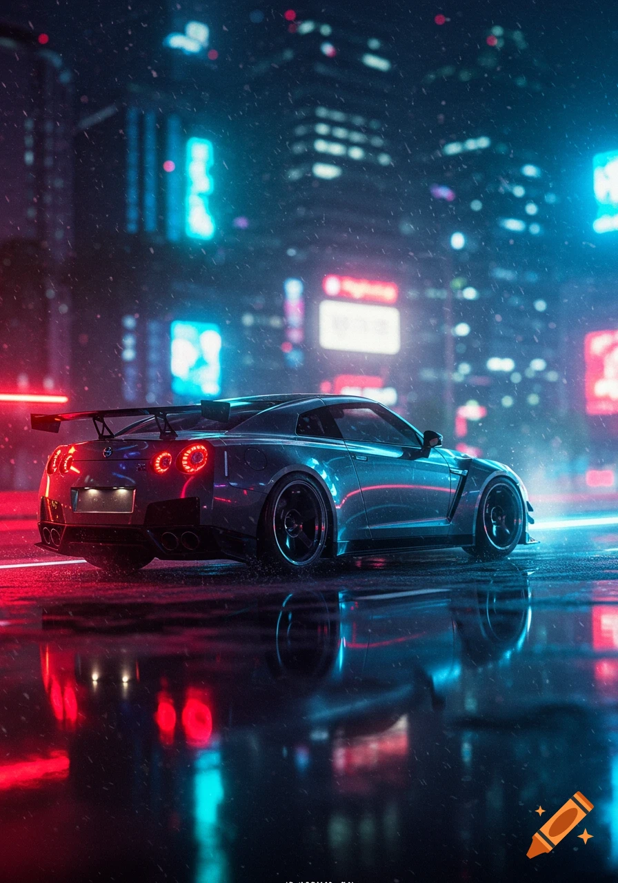 A sleek Nissan GT-R sports car on a wet city street at night ...