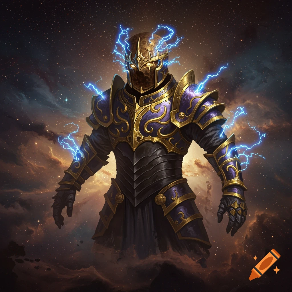 An armored knight in gold and purple armor with lightning around him ...
