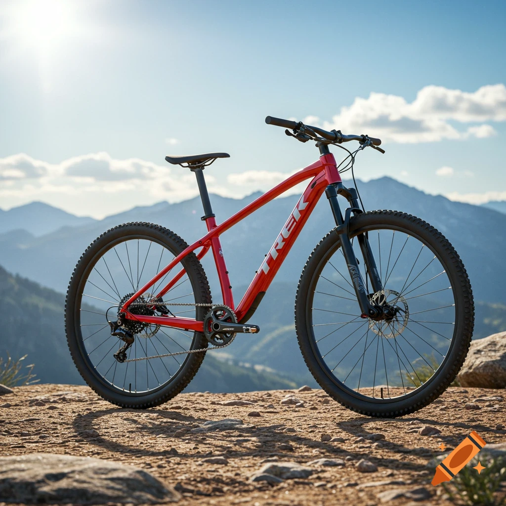 A vibrant red mountain bike is parked on a rocky trail, with majestic ...