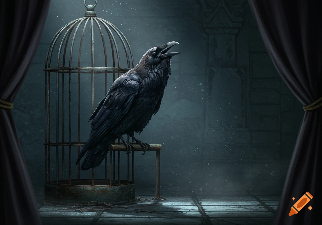 Photorealistic close-up of a dark raven with raindrops on its feathers ...