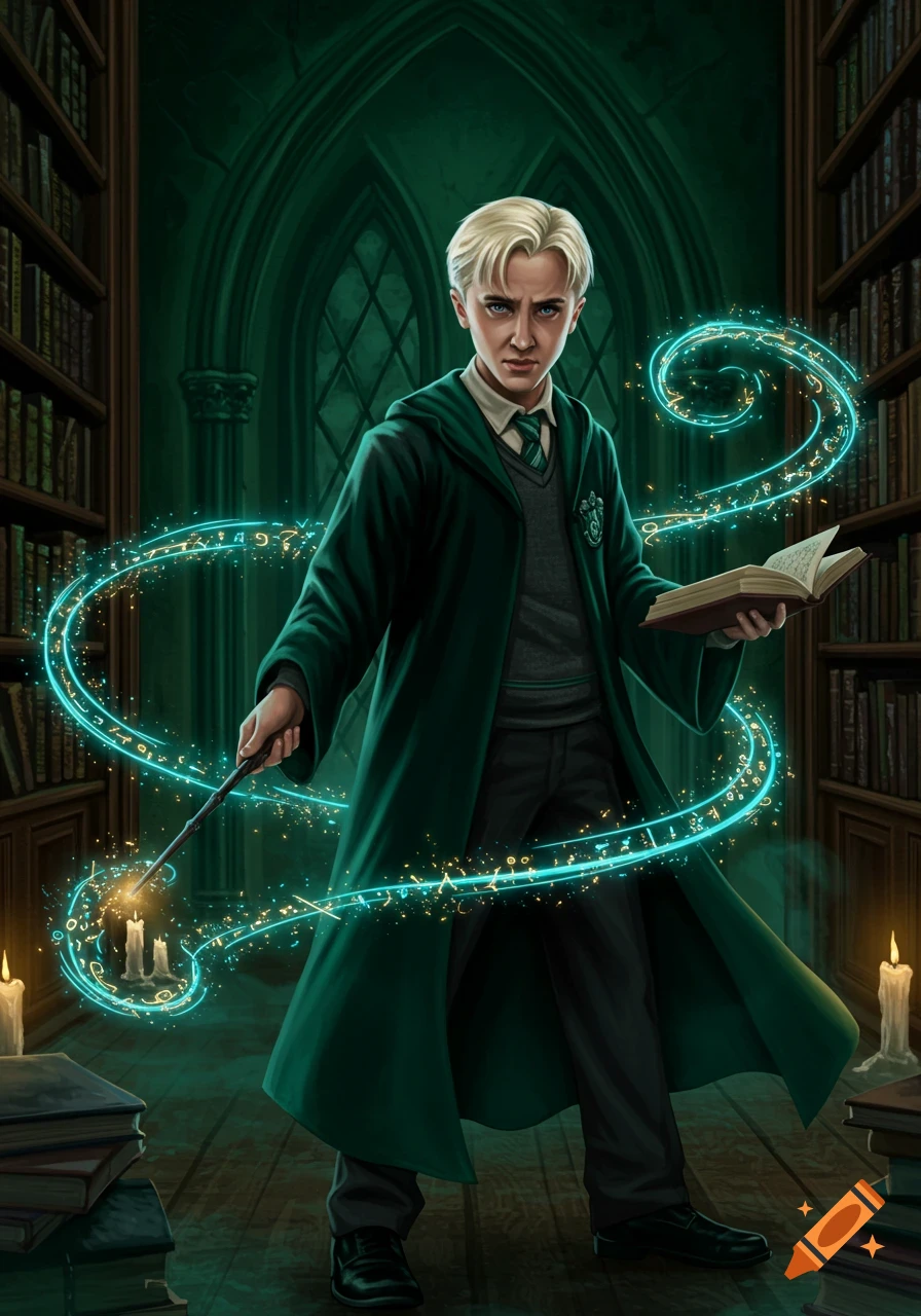 Vampire Draco Malfoy with red eyes and a dark cloak, standing on a ...
