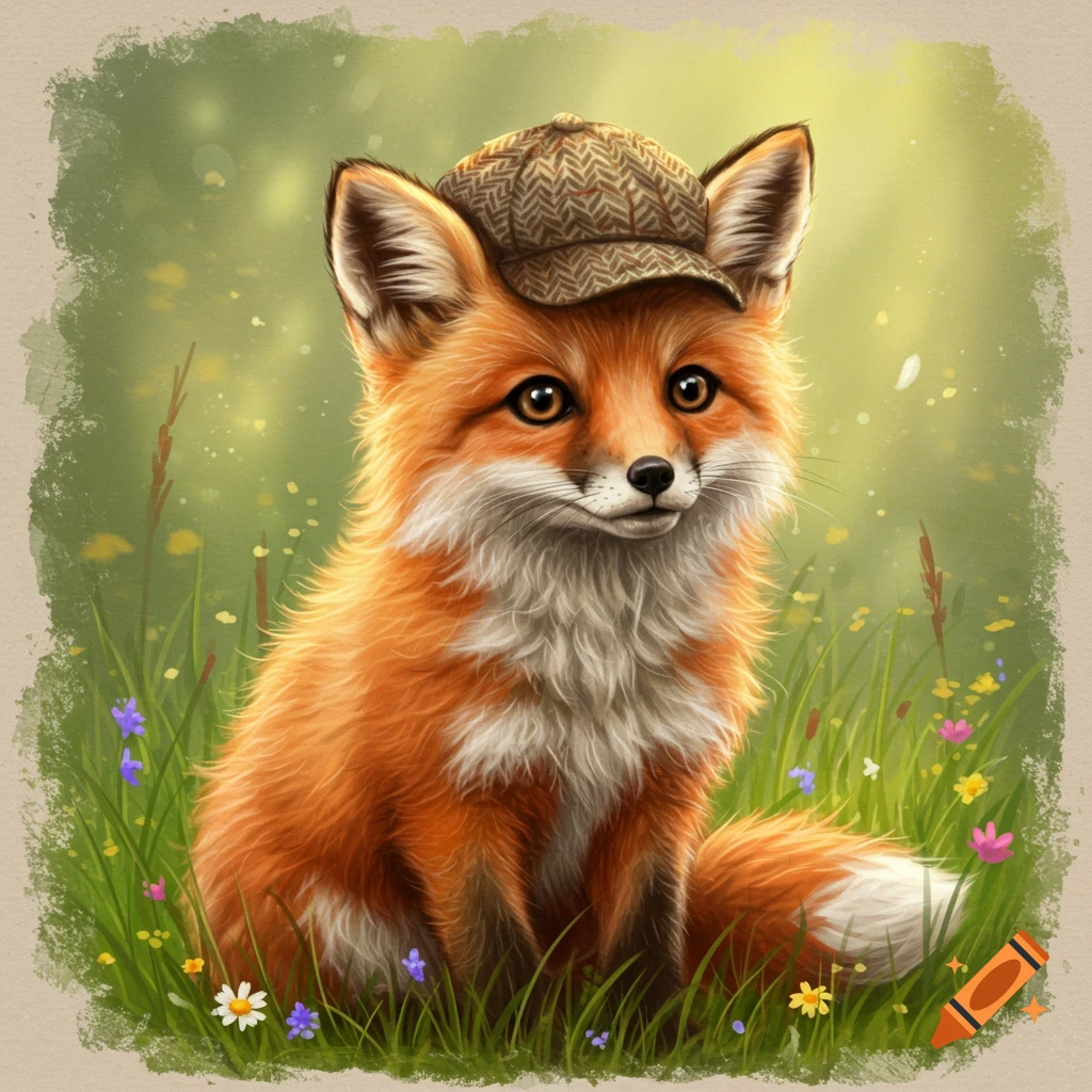 A cute cartoon fox wearing a detective hat sits in a grassy field with a magnifying glass, in a ...