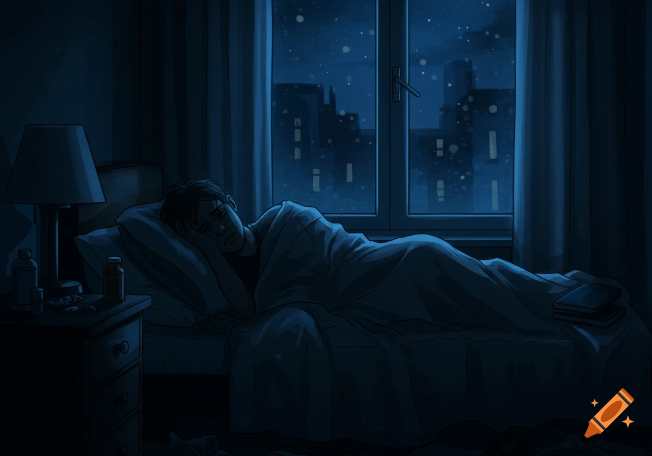An anime illustration of a tired young person sitting up in bed at dawn ...