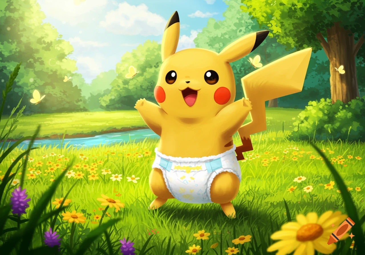 Cute cartoon Pikachu wearing a diaper, standing in a sunny green meadow ...