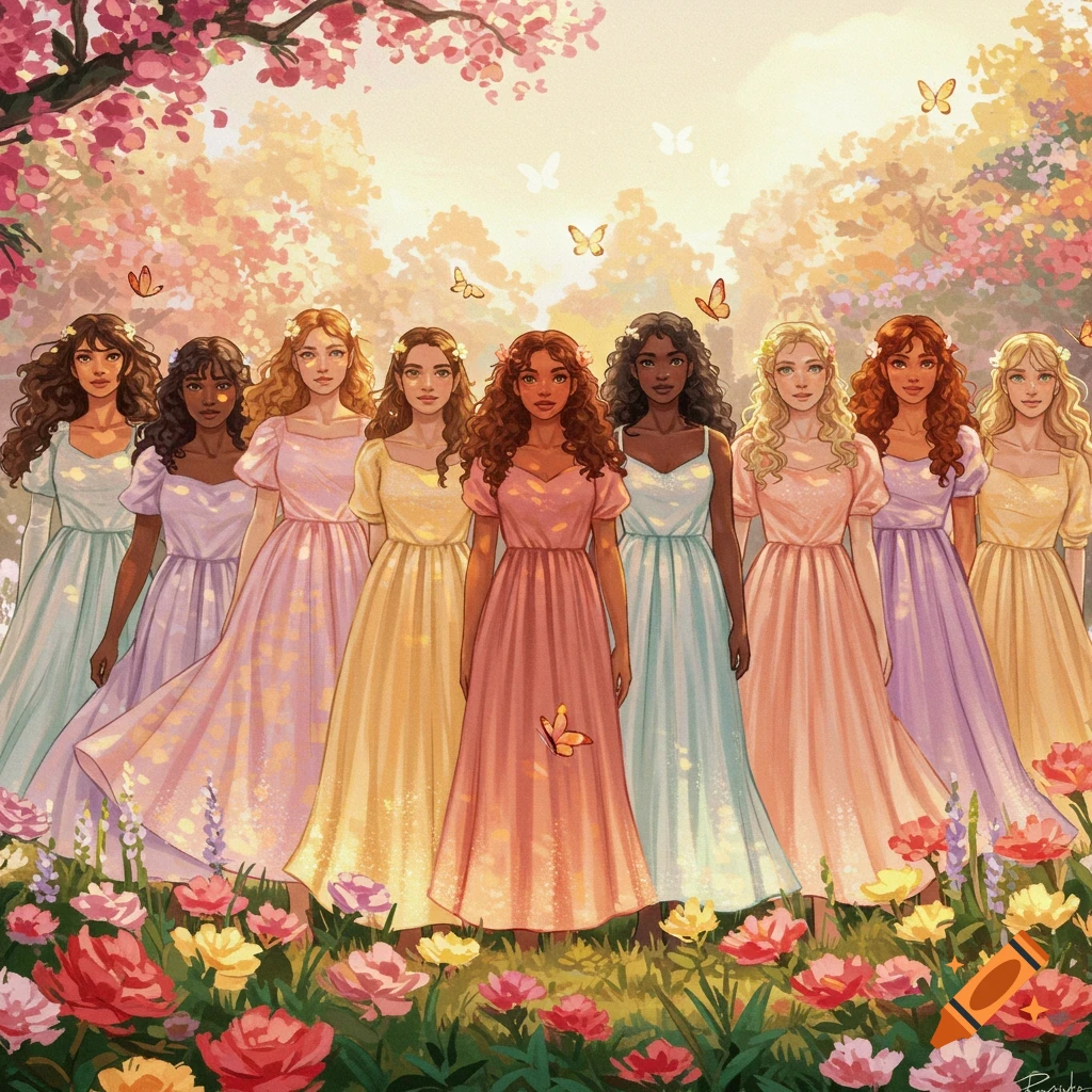 Ten women in colorful floral dresses stand and kneel in a vibrant ...