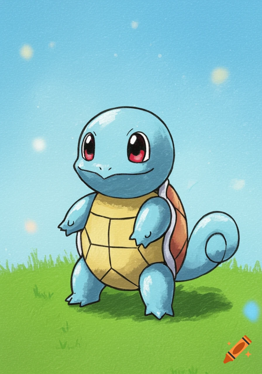 A light blue cartoon Squirtle with red eyes and a yellow shell stands ...