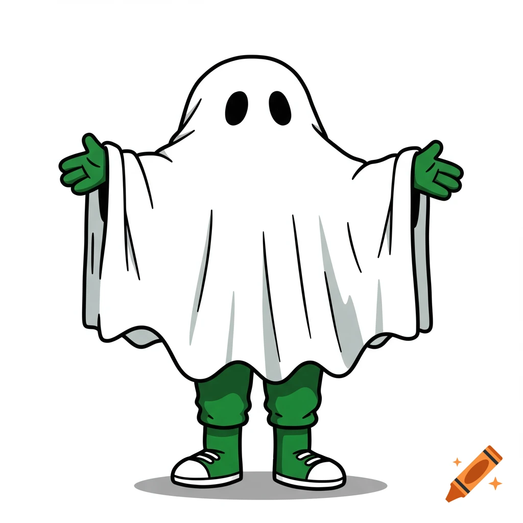 A cartoon ghost character with green legs and green splatters on its ...
