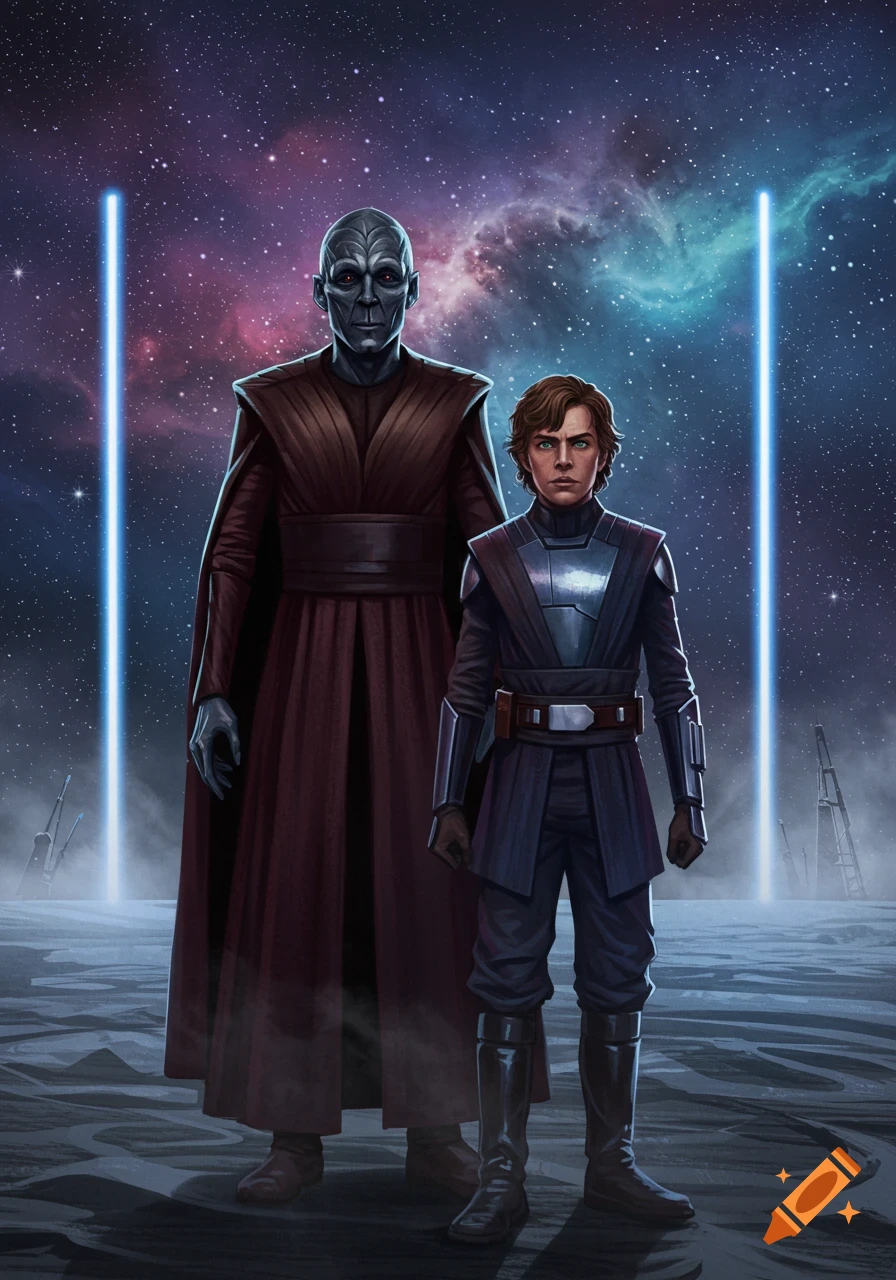 A tall, grey-skinned alien in dark robes stands with a young human in ...