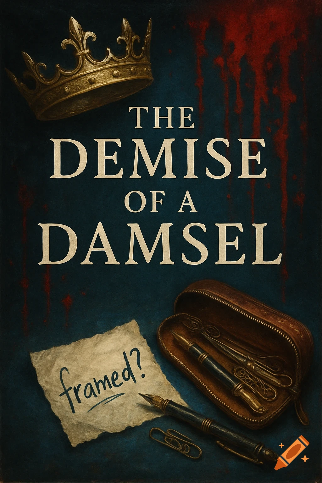 A vintage-style book cover with a golden crown, red blood splatters ...