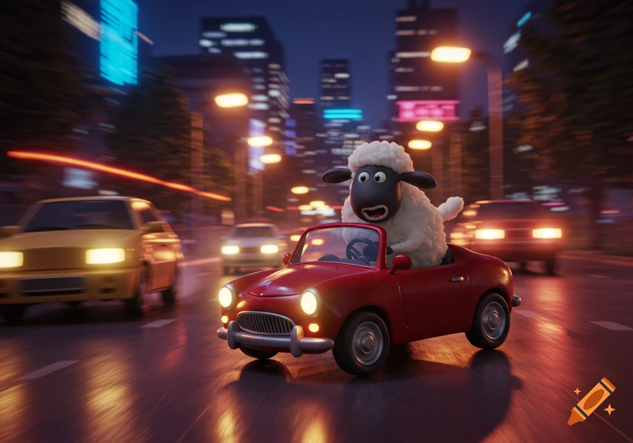 A cartoon sheep drives a small red convertible car through a city ...