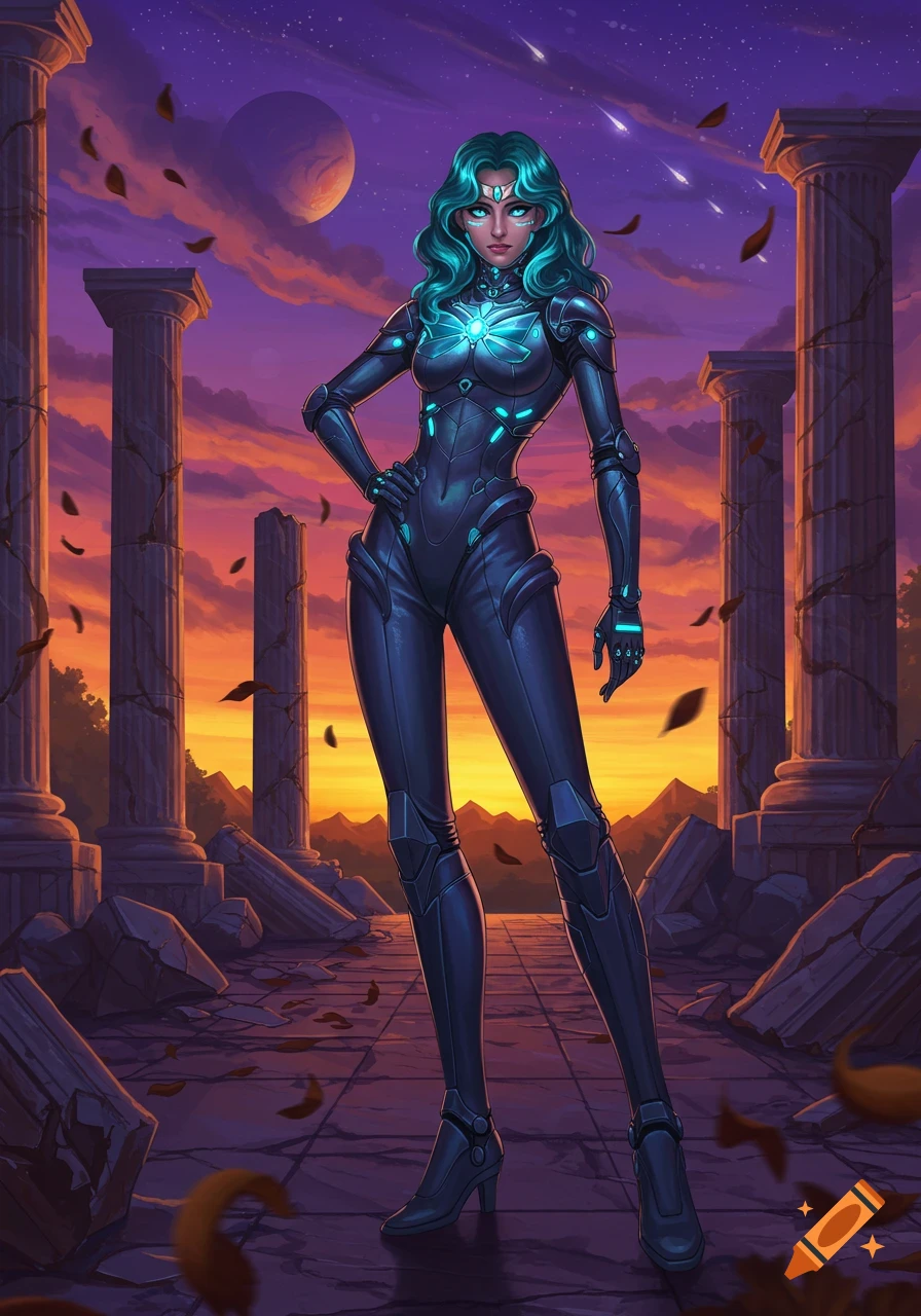 Teal-haired woman in sci-fi armor stands among ruins at sunset, with a planet and stars in the ...