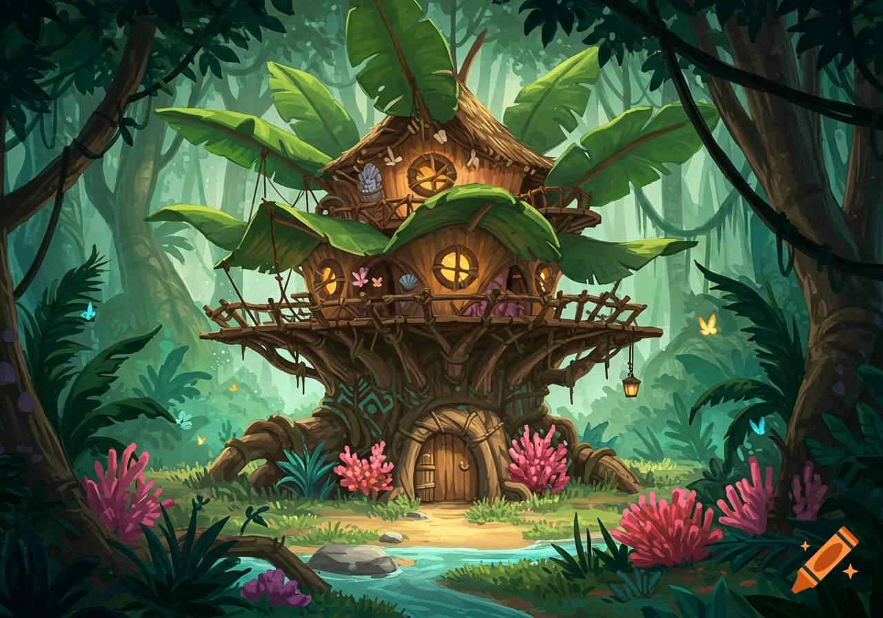 A whimsical, multi-level treehouse with large leaves, glowing windows, and a small stream in a ...