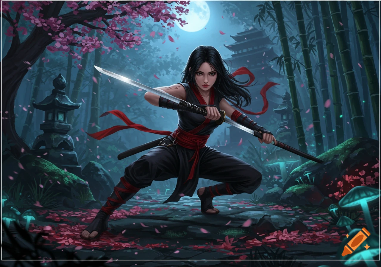 A female ninja in black and red, crouching with a sword, in a moonlit ...