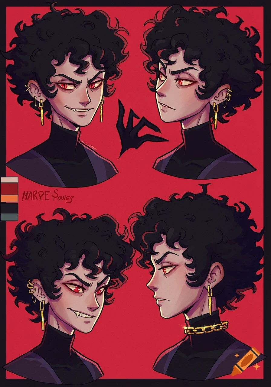 Illustrated character sheet of a lean man with dark curly hair, red eyes, sharp teeth, shirtless ...