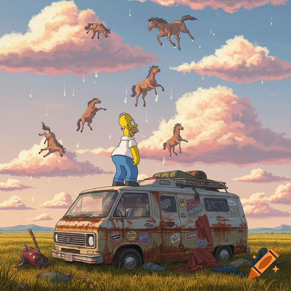 Homer Simpson stands on a rusty van in a grassy field, looking up at ...