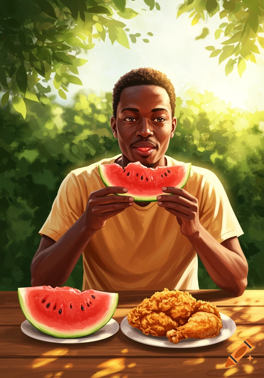 An illustration of a man eating watermelon and chicken in a desert with ...