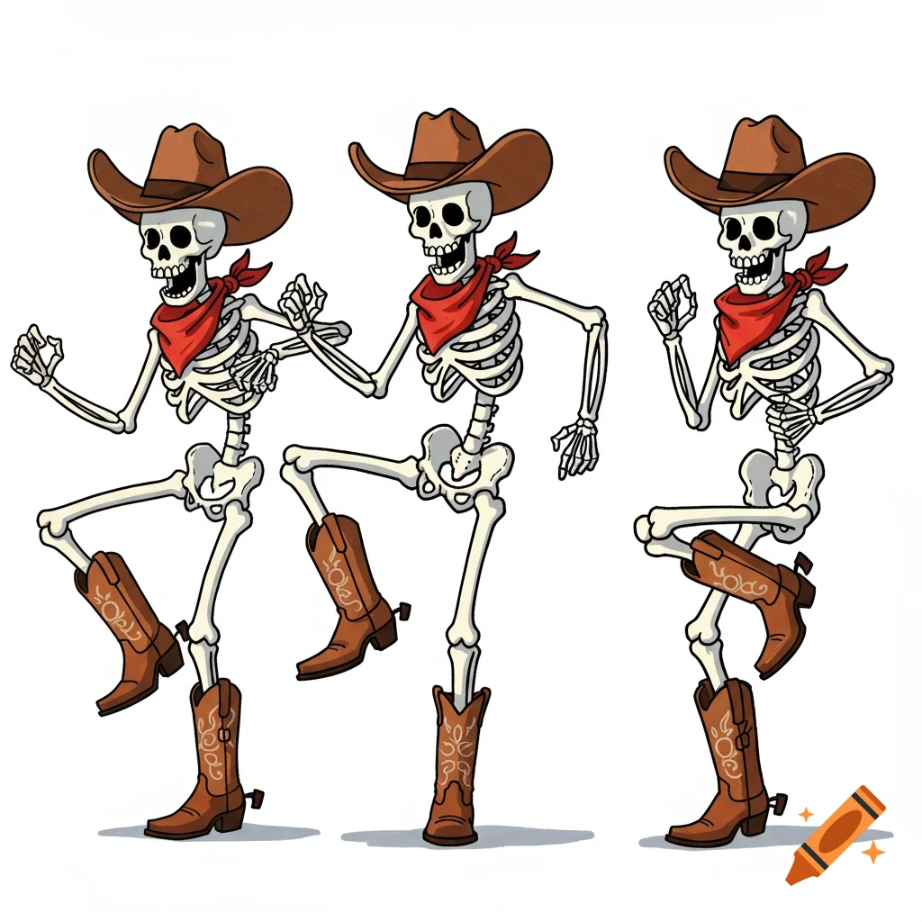 Three cartoon skeletons in cowboy hats and boots dancing on a white ...