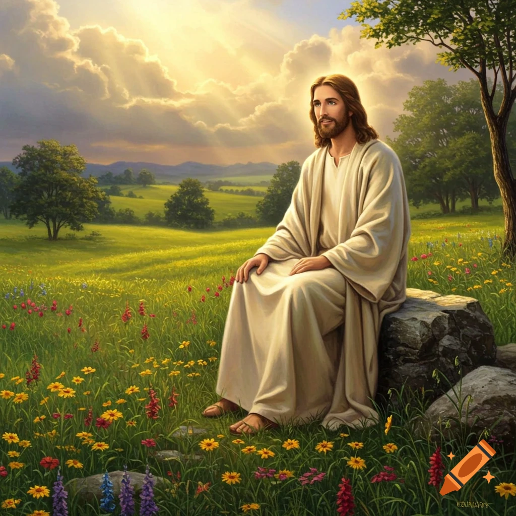 Jesus Christ with long brown hair and beard, wearing a white tunic and ...