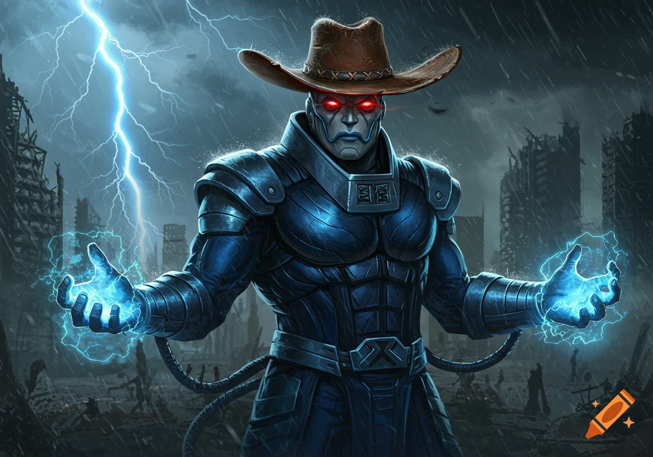 Apocalypse from X-Men wearing a cowboy hat, eyes glowing red, stands in ...