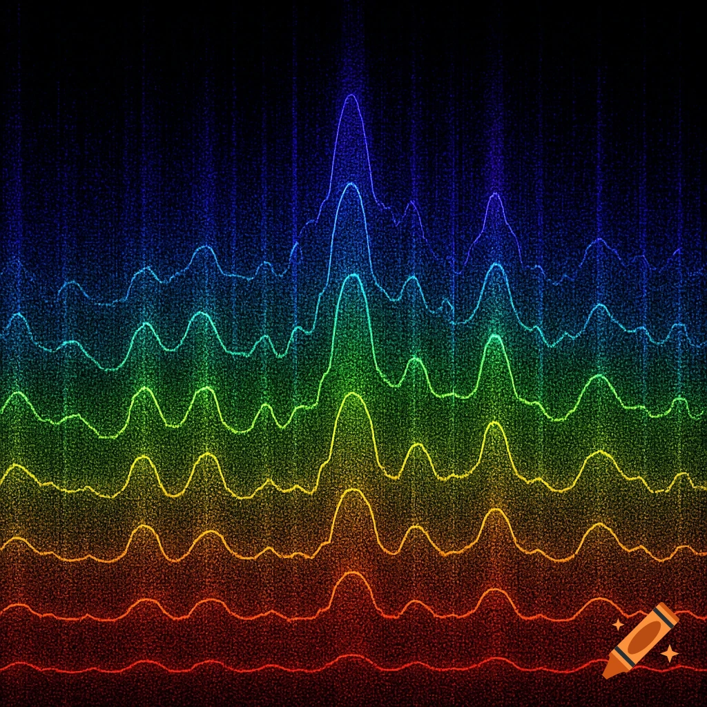 An abstract, colorful spectrogram with rainbow-colored undulating lines ...