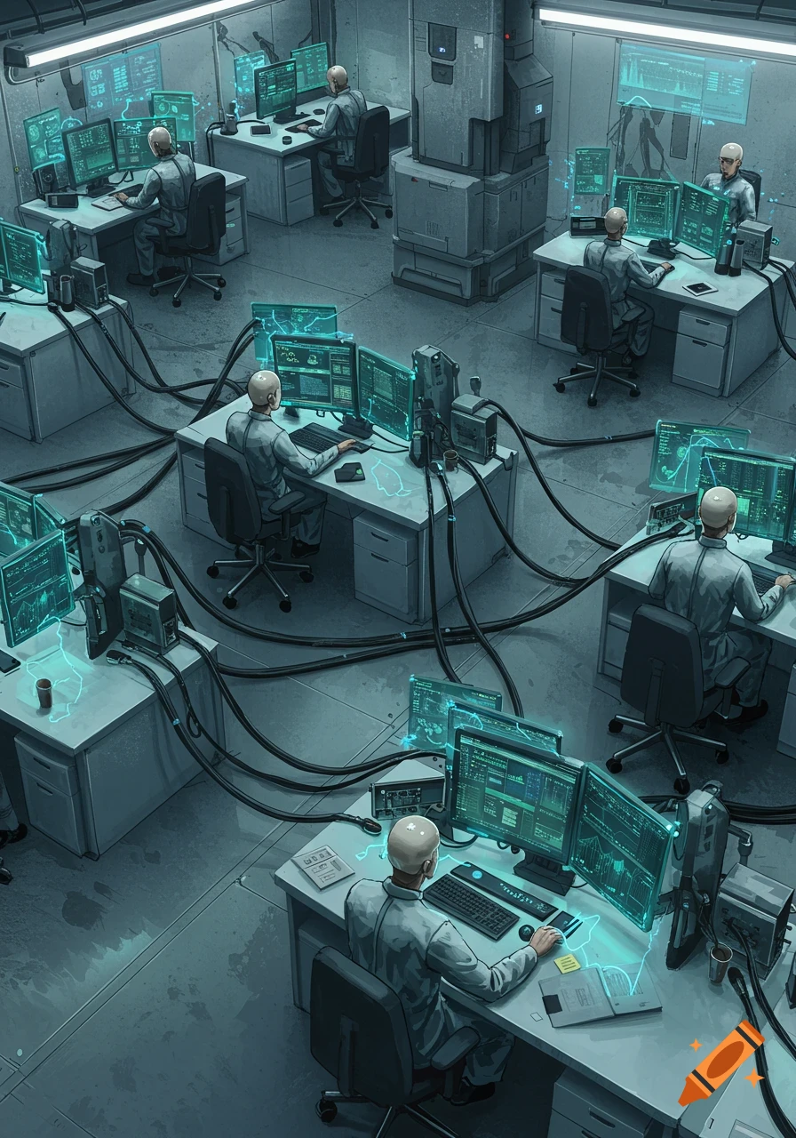 An isometric illustration of a workbench filled with various computer components, circuit boards ...