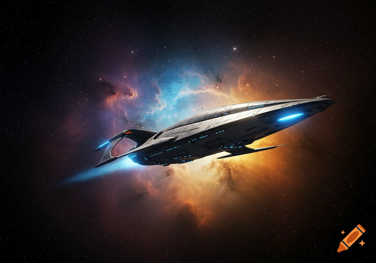 A futuristic spaceship with glowing blue engines flies through deep space, past a vibrant red ...