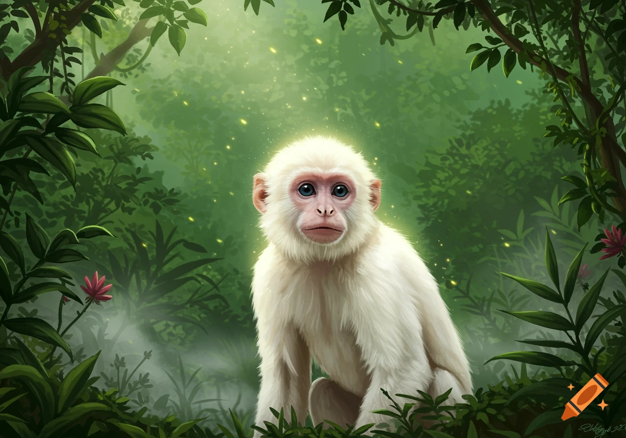 A white monkey with blue eyes sits in a lush, misty jungle with glowing ...