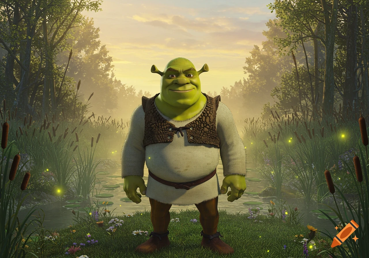 Angry Shrek, a green ogre wearing a white shirt and brown vest, stands ...