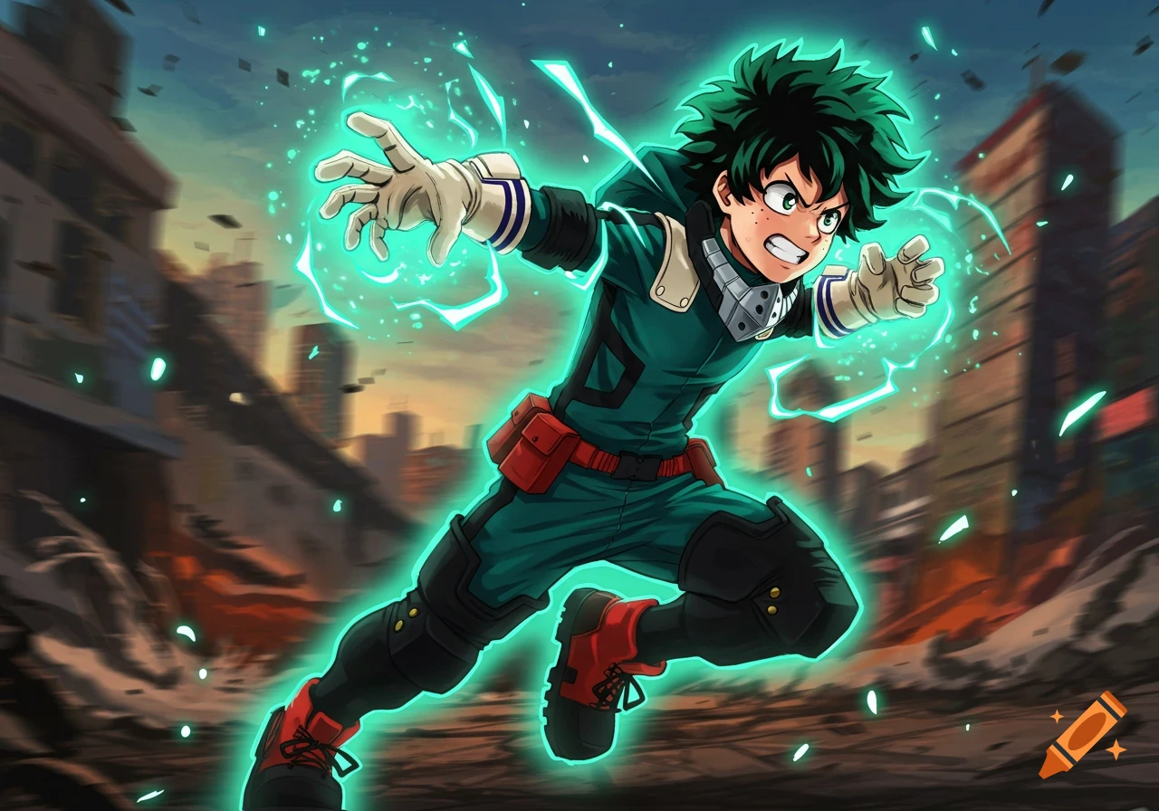Izuku Midoriya, an anime character, lunges forward with green lightning ...